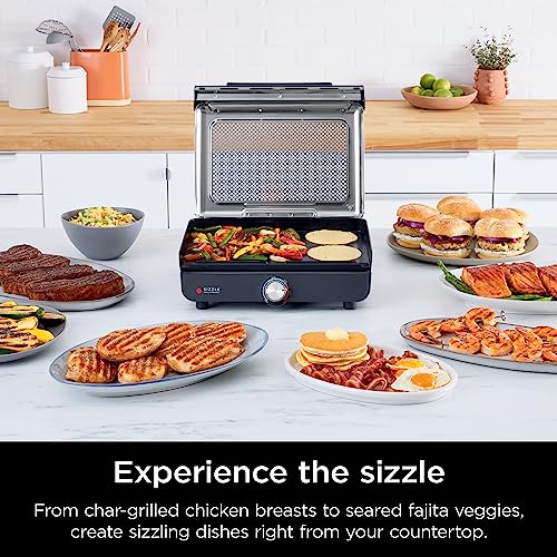 Ninja GR101 Sizzle Smokeless Indoor Grill & Griddle, 14'' Interchangeable Nonstick Grill and Griddle Plates, Dishwasher-Safe Removable Mesh Lid, 500F Max Heat, Even Edge-to-Edge Cooking, Grey/Silver