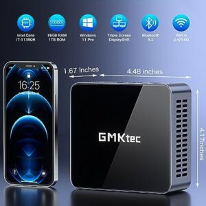 GMKtec Mini PC Windows 11 Pro Intel Core i7-11390H (Turbo 5.0 GHz) 1TB SSD 16GB DDR4, Desktop Mini Computers WiFi 6, USB3.2, BT 5.2, DP, HDMI, RJ45 2.5G