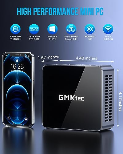 GMKtec Mini PC Windows 11 Pro Intel Core i7-11390H (Turbo 5.0 GHz) 1TB SSD 16GB DDR4, Desktop Mini Computers WiFi 6, USB3.2, BT 5.2, DP, HDMI, RJ45 2.5G