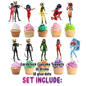 Miraculous Ladybug Cupcake Toppers for Kids. Cartoon Miraculous Ladybug Theme Birthday Party Supplies.