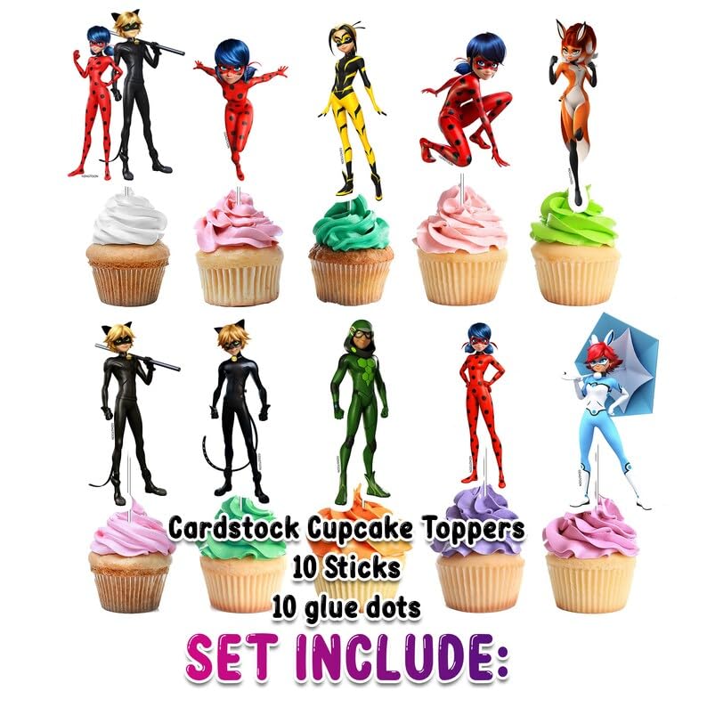 Miraculous Ladybug Cupcake Toppers for Kids. Cartoon Miraculous Ladybug Theme Birthday Party Supplies.