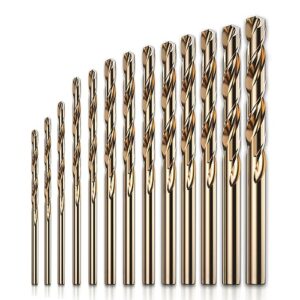 beqell 13pcs cobalt drill bit set,m35 hss metal drill bit jobber length twist drill bits for hard metal, stainless steel,cast iron and wood plastic