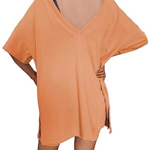 Aisongyuan Womens Workout Reversible Oversized V-Neck T-Shirt Summer Short Sleeve Casual Tunic Tops(Orange,XXL)