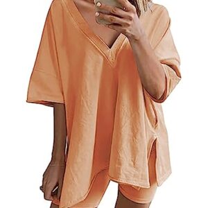 Aisongyuan Womens Workout Reversible Oversized V-Neck T-Shirt Summer Short Sleeve Casual Tunic Tops(Orange,XXL)