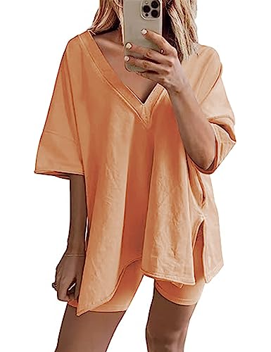 Aisongyuan Womens Workout Reversible Oversized V-Neck T-Shirt Summer Short Sleeve Casual Tunic Tops(Orange,XXL)