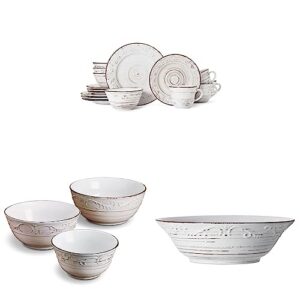 pfaltzgraff trellis white 16-piece dinnerware set, service for 4, distressed white & pfaltzgraff trellis serving bowls, set of 3, white & pfaltzgraff trellis, serve bowl, 9", white