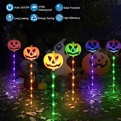 Upgraded 6-Pack Solar Halloween Pumpkin Garden Stake Lights for Halloween Decorations,Solar Halloween Yard Stake Outdoor Waterproof Halloween Lighted Pumpkin Lights for Garden Patio Yard Pathway Grave