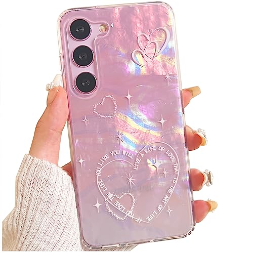 YeLoveHaw for Samsung Galaxy S23 Phone Case for Women Girls, Glitter Pink Purple Colorful Pearly-Lustre Shell, Cute Heart-Shaped Pattern, Slim Protective Cover for Samsung S23 6.1 (White Hearts)