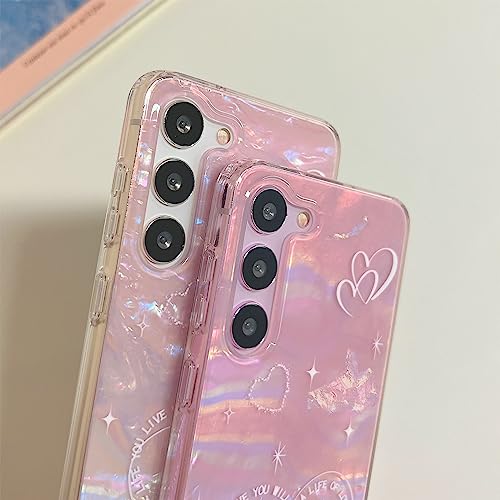 YeLoveHaw for Samsung Galaxy S23 Phone Case for Women Girls, Glitter Pink Purple Colorful Pearly-Lustre Shell, Cute Heart-Shaped Pattern, Slim Protective Cover for Samsung S23 6.1 (White Hearts)