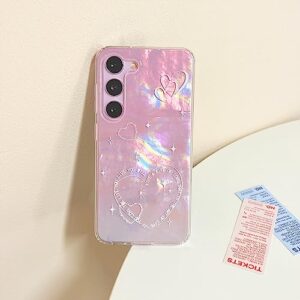 YeLoveHaw for Samsung Galaxy S23 Phone Case for Women Girls, Glitter Pink Purple Colorful Pearly-Lustre Shell, Cute Heart-Shaped Pattern, Slim Protective Cover for Samsung S23 6.1 (White Hearts)