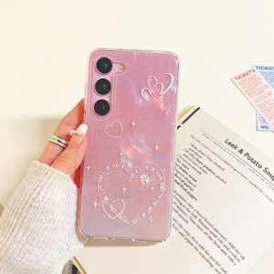 YeLoveHaw for Samsung Galaxy S23 Phone Case for Women Girls, Glitter Pink Purple Colorful Pearly-Lustre Shell, Cute Heart-Shaped Pattern, Slim Protective Cover for Samsung S23 6.1 (White Hearts)