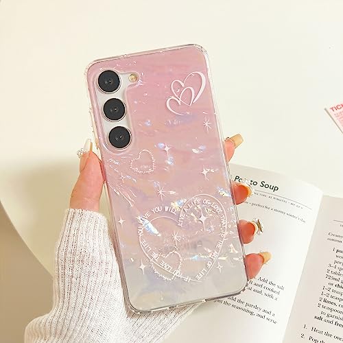 YeLoveHaw for Samsung Galaxy S23 Phone Case for Women Girls, Glitter Pink Purple Colorful Pearly-Lustre Shell, Cute Heart-Shaped Pattern, Slim Protective Cover for Samsung S23 6.1 (White Hearts)