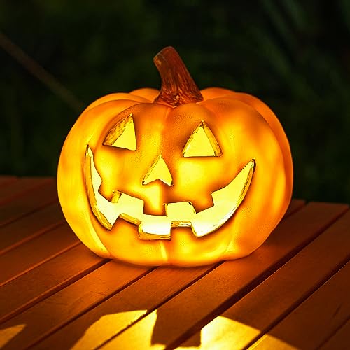 WONDHOME Halloween Pumpkin Decorations Jack-O-Lantern Halloween Decorations Waterproof Solar Pumpkin Lights Garden Statues Outdoor Halloween Decor for Outside Yard Lawn Patio Porch(Round Pumpkin)