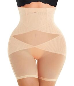 nebility women butt lifter shapewear hi-waist double tummy control panty waist trainer body shaper (l, beige-mid thigh)