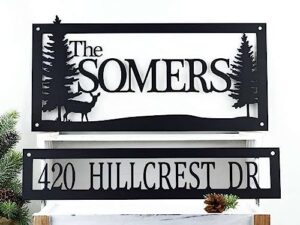 personalized deer family name sign and address sign set of 2 pieces house number plaque custom metal sign 8x8 inches black power coated home outdoor decor housewarming gifts