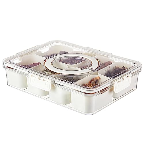 Divided Serving Tray with Lid and Handle,Portable Plastic Veggie Tray,Party Platter,Food Storage Container Box with 4/8 Compartments,for Candy, Fruits, Nuts, Snacks,Picnic (Eight compartments)