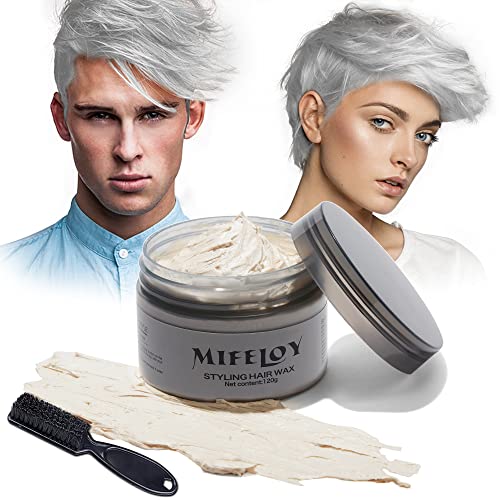 4.23 oz Temporary Silver White Hair Spray Color Wax with Dye Brush, Instant Natural Hairstyle Cream, Disposable Coloring Mud for Women Men Youth, Washable Styling Pomades