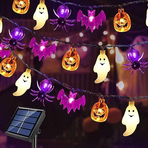 Dontsri 40 LED Solar Halloween Lights, Outdoor 3D Pumpkin Bat Ghost Spiders Lights, 8 Modes Waterproof Solar Powered Halloween String Lights for Patio Yard Garden Balcony Railing Halloween Decorations