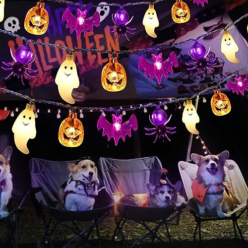 Dontsri 40 LED Solar Halloween Lights, Outdoor 3D Pumpkin Bat Ghost Spiders Lights, 8 Modes Waterproof Solar Powered Halloween String Lights for Patio Yard Garden Balcony Railing Halloween Decorations