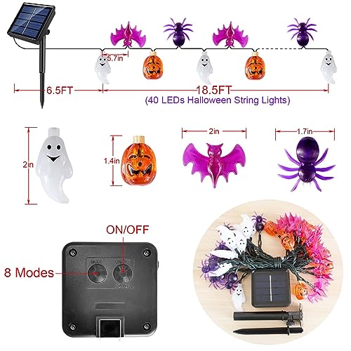 Dontsri 40 LED Solar Halloween Lights, Outdoor 3D Pumpkin Bat Ghost Spiders Lights, 8 Modes Waterproof Solar Powered Halloween String Lights for Patio Yard Garden Balcony Railing Halloween Decorations