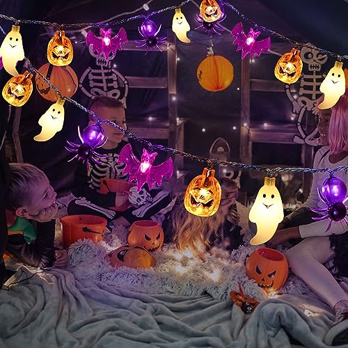 Dontsri 40 LED Solar Halloween Lights, Outdoor 3D Pumpkin Bat Ghost Spiders Lights, 8 Modes Waterproof Solar Powered Halloween String Lights for Patio Yard Garden Balcony Railing Halloween Decorations