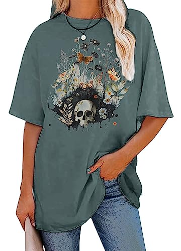 Women Oversized Skull Shirts Skeleton Floral Graphic Loose Tshirts Halloween Teen Girls Baggy Trendy Top