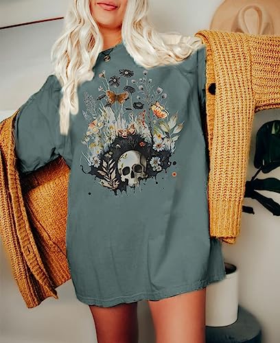 Women Oversized Skull Shirts Skeleton Floral Graphic Loose Tshirts Halloween Teen Girls Baggy Trendy Top