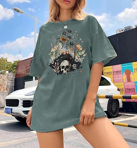 Women Oversized Skull Shirts Skeleton Floral Graphic Loose Tshirts Halloween Teen Girls Baggy Trendy Top