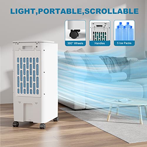 Portable Air Conditioner 3-IN-1 Evaporative Air Cooler, Adjustable Normal/Sleep/Cool Modes, 3 Speeds, 20Ft Remote Control & LED Panel, 12 Hour Timer, 100 Degree Oscillation, 5 Ice Packs