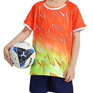 Fldy Kids Youth Soccer Sport Training Uniform 2 Piece Athletic Suit Football Jersey Short Sleeve T-shirt with Shorts Kit Orange&Yellow 7-8 Years