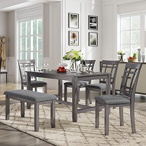 Harper & Bright Designs 6 Piece Wooden Dining Table Set,Kitchen Table Set with 4 Upholstered Chairs and Bench,Farmhouse Rustic Style Dining Room Table Set,Antique Graywash+Linen