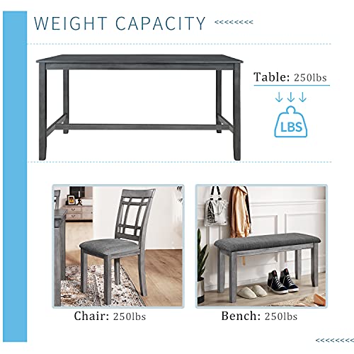 Harper & Bright Designs 6 Piece Wooden Dining Table Set,Kitchen Table Set with 4 Upholstered Chairs and Bench,Farmhouse Rustic Style Dining Room Table Set,Antique Graywash+Linen