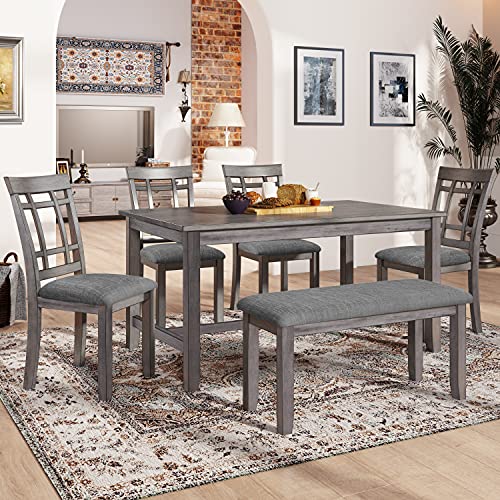 Harper & Bright Designs 6 Piece Wooden Dining Table Set,Kitchen Table Set with 4 Upholstered Chairs and Bench,Farmhouse Rustic Style Dining Room Table Set,Antique Graywash+Linen