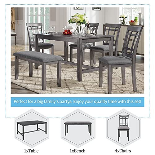 Harper & Bright Designs 6 Piece Wooden Dining Table Set,Kitchen Table Set with 4 Upholstered Chairs and Bench,Farmhouse Rustic Style Dining Room Table Set,Antique Graywash+Linen