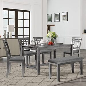 Harper & Bright Designs 6 Piece Wooden Dining Table Set,Kitchen Table Set with 4 Upholstered Chairs and Bench,Farmhouse Rustic Style Dining Room Table Set,Antique Graywash+Linen