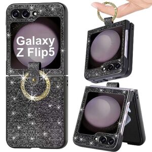 z flip 5 case with ring, cute glitter bling slim leather galaxy z flip 5 phone case for women girls, sparkly rhinestone diamond ring holder protective case for samsung galaxy z flip 5 5g 2023 (black)