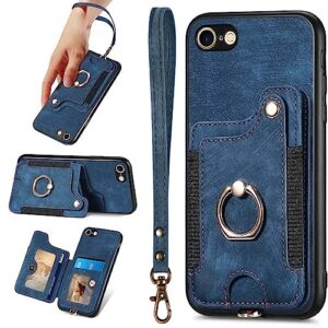 jancalm for iphone se case 2022/se 2020 case,for iphone 8/7 case,card holder wallet,ring holder stand,rfid-blocking,wrist strap,camera protector,leather protective magnetic flip cover (blue)