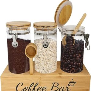 Zrwcvxy Glass Coffee Jar with Shelf,Glass Coffee Canisters with Bamboo Lid and Spoon,3 * 59 OZ Ground Coffee Storage,with Airtight Clip Coffee Bean Canister for Coffee Beans,Ground Coffee,Nuts,Sugar