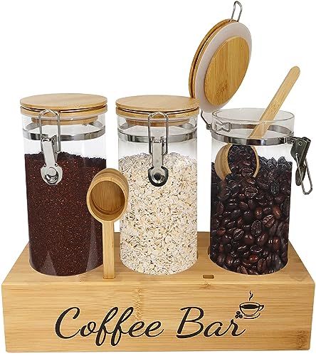 Zrwcvxy Glass Coffee Jar with Shelf,Glass Coffee Canisters with Bamboo Lid and Spoon,3 * 59 OZ Ground Coffee Storage,with Airtight Clip Coffee Bean Canister for Coffee Beans,Ground Coffee,Nuts,Sugar