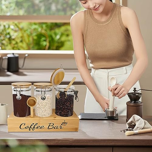 Zrwcvxy Glass Coffee Jar with Shelf,Glass Coffee Canisters with Bamboo Lid and Spoon,3 * 59 OZ Ground Coffee Storage,with Airtight Clip Coffee Bean Canister for Coffee Beans,Ground Coffee,Nuts,Sugar