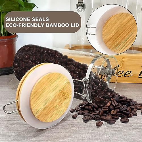 Zrwcvxy Glass Coffee Jar with Shelf,Glass Coffee Canisters with Bamboo Lid and Spoon,3 * 59 OZ Ground Coffee Storage,with Airtight Clip Coffee Bean Canister for Coffee Beans,Ground Coffee,Nuts,Sugar