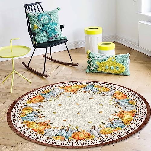 LIFEMUSION Fall Thanksgiving Round Area Rugs, Western Southwest Maple Leaf Pumpkin Non-Skid Children Playing Mat, 3ft Soft Circle Farmhouse Rugs for Living Room, Bedroom, Dining Room