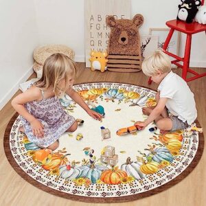 LIFEMUSION Fall Thanksgiving Round Area Rugs, Western Southwest Maple Leaf Pumpkin Non-Skid Children Playing Mat, 3ft Soft Circle Farmhouse Rugs for Living Room, Bedroom, Dining Room