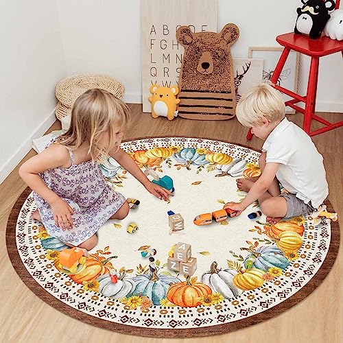 LIFEMUSION Fall Thanksgiving Round Area Rugs, Western Southwest Maple Leaf Pumpkin Non-Skid Children Playing Mat, 3ft Soft Circle Farmhouse Rugs for Living Room, Bedroom, Dining Room