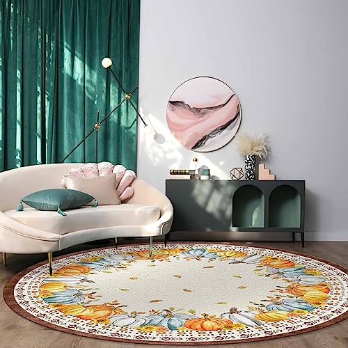 LIFEMUSION Fall Thanksgiving Round Area Rugs, Western Southwest Maple Leaf Pumpkin Non-Skid Children Playing Mat, 3ft Soft Circle Farmhouse Rugs for Living Room, Bedroom, Dining Room