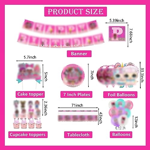 Pink Dolls Birthday Supplies Party Decorations, Pink Girls Theme Birthday Kit Include Banner, Tablecloth, Balloons, Plates, Stickers, Foil Balloons, Gift Bag, Hanging Swirls, Backdrop, Cake & Cupcake Toppers, Cartoon Birthday Gift for Kids