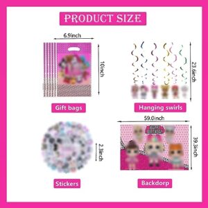 Pink Dolls Birthday Supplies Party Decorations, Pink Girls Theme Birthday Kit Include Banner, Tablecloth, Balloons, Plates, Stickers, Foil Balloons, Gift Bag, Hanging Swirls, Backdrop, Cake & Cupcake Toppers, Cartoon Birthday Gift for Kids