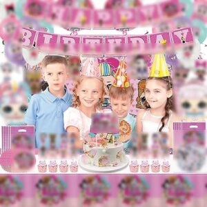 Pink Dolls Birthday Supplies Party Decorations, Pink Girls Theme Birthday Kit Include Banner, Tablecloth, Balloons, Plates, Stickers, Foil Balloons, Gift Bag, Hanging Swirls, Backdrop, Cake & Cupcake Toppers, Cartoon Birthday Gift for Kids