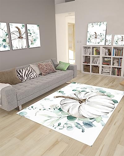 Green Eucalyptus Area Rug 5'x8',Outdoor Indoor Extra Large Carpet Runner for Girls Boys Bedroom,Living Room,Bathroom,Classroom,Office,Kitchen,Washable Area+Rug Autumn Thanksgiving Fall White Pumpkins