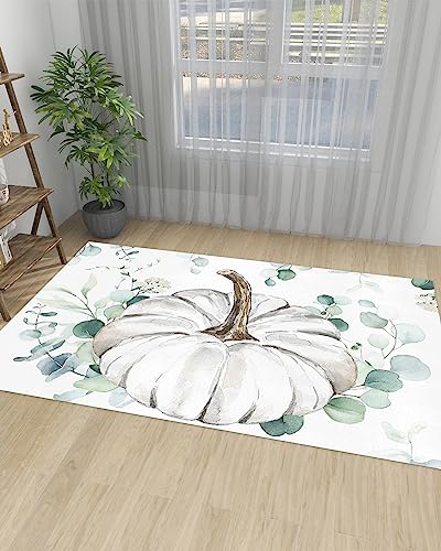 Green Eucalyptus Area Rug 5'x8',Outdoor Indoor Extra Large Carpet Runner for Girls Boys Bedroom,Living Room,Bathroom,Classroom,Office,Kitchen,Washable Area+Rug Autumn Thanksgiving Fall White Pumpkins